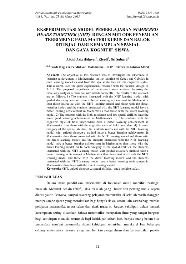 (PDF) Eksperimentasi Model Pembelajaran Numbered Heads Together (NHT) Dengan Metode Penemuan ...