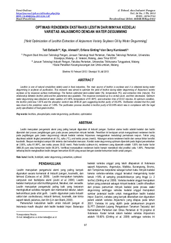 (PDF) OPTIMASI RENDEMEN EKSTRAKSI LESITIN DARI MINYAK KEDELAI VARIETAS ...