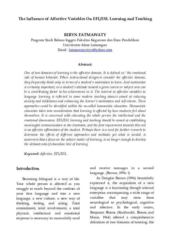 (PDF) The Influence of Affective Variables On EFL/ESL Learning and Teaching