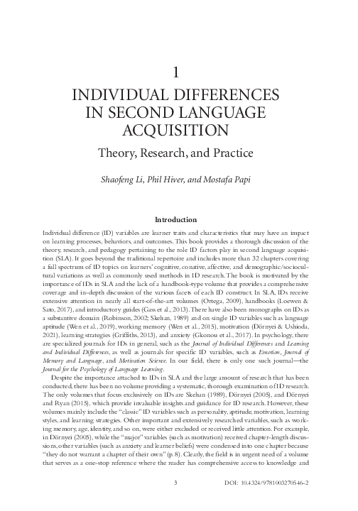 (PDF) Individual Differences in Second Language Acquisition: Theory, Research, and Practice