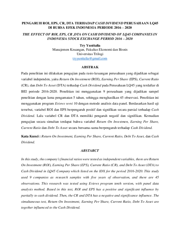 (PDF) Pengaruh ROI EPS CR DTA Terhadap Cash Dividend Perusahaan LQ45 di ...