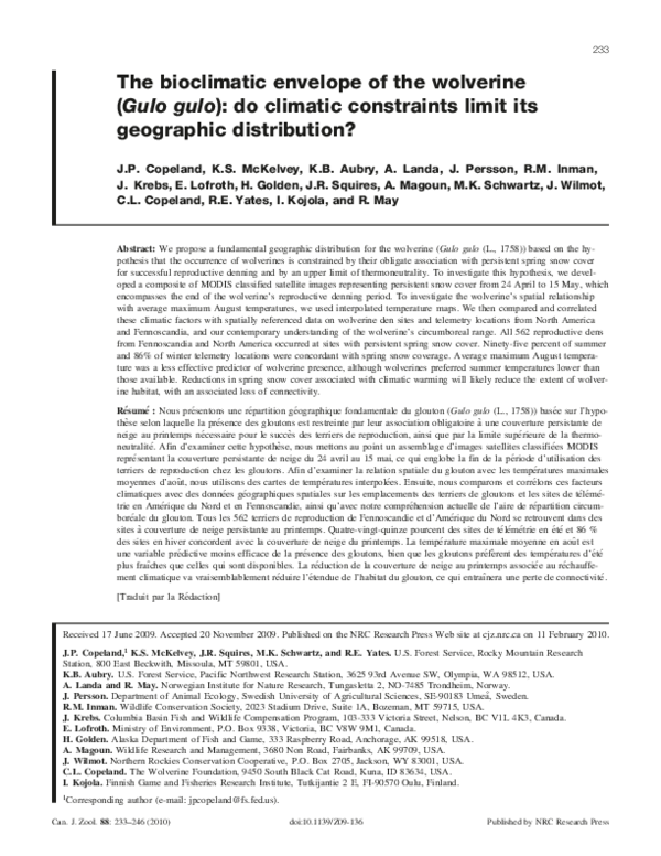 (PDF) The bioclimatic envelope of the wolverine ( Gulo gulo ): do ...