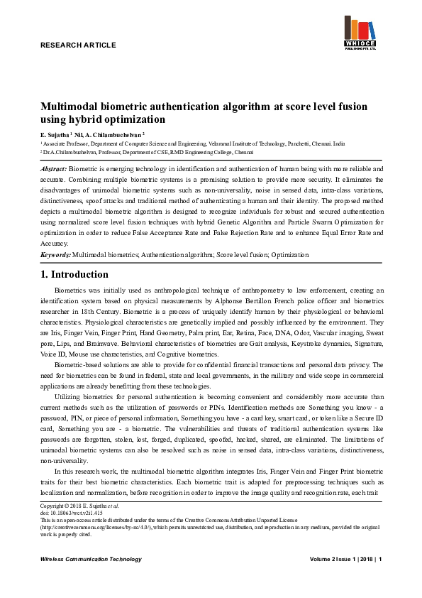 Pdf Multimodal Biometric Authentication Algorithm Using Ear And Finger Knuckle Images