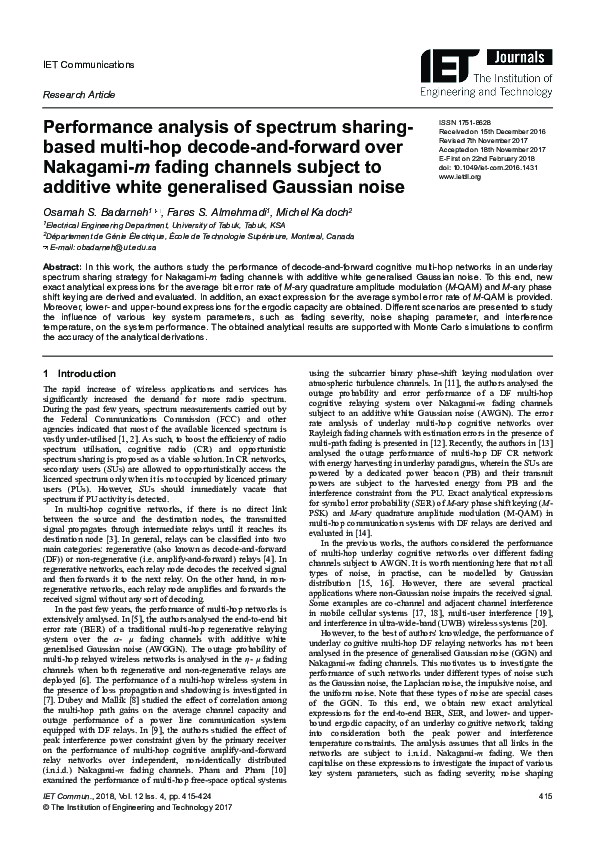 (PDF) Performance analysis of spectrum sharing-based multi-hop decode-and-forward relay networks ...