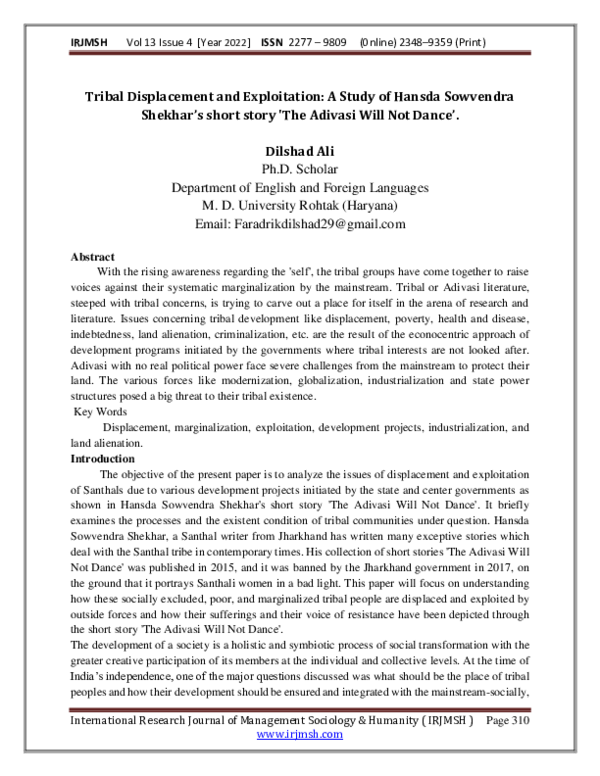 (PDF) Tribal Displacement and Exploitation: A Study of Hansda Sowvendra ...
