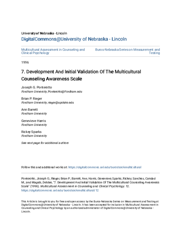(PDF) 7. Development And Initial Validation Of The Multicultural Counseling Awareness Scale