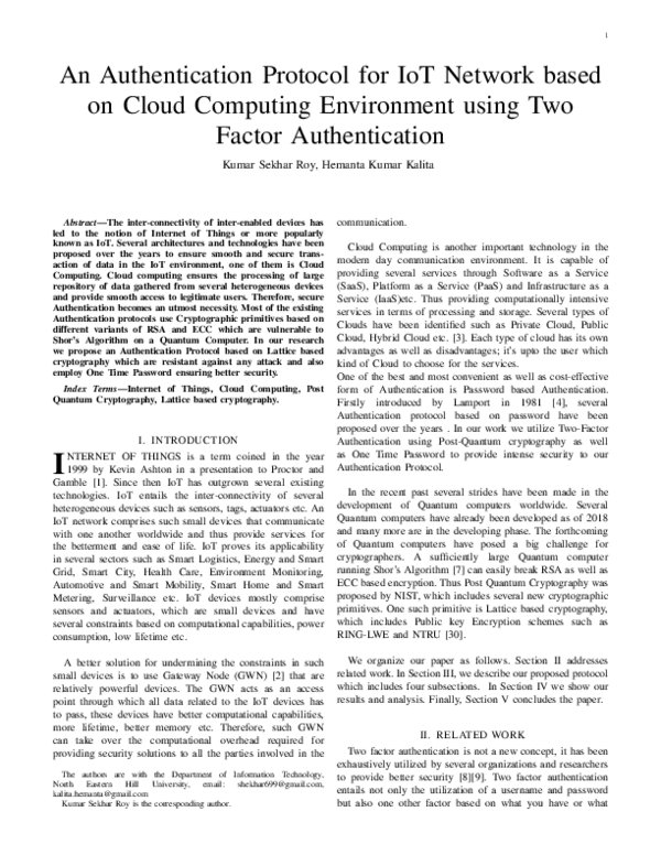 Pdf An Authentication Protocol For Iot Network Based On Cloud