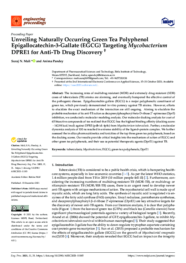 (PDF) EGCG Targets Mycobacterium DPRE1 for Anti-Tb Drug Discovery