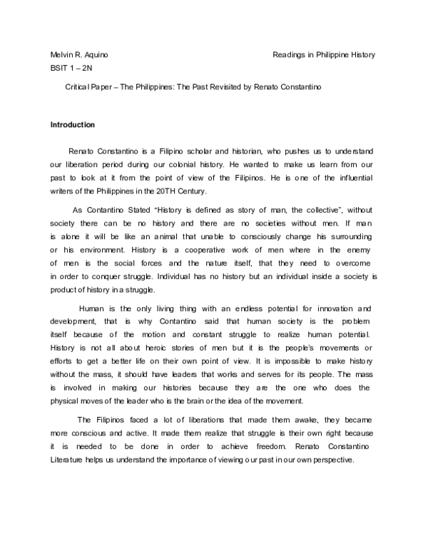(DOC) Critical Paper -The Philippines: The Past Revisited by Renato ...