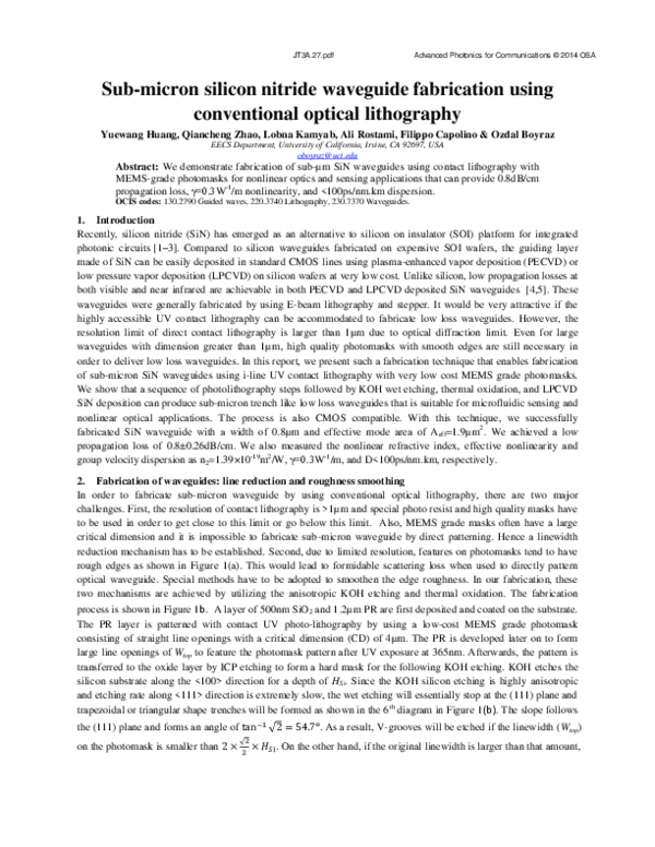 (PDF) Sub-micron silicon nitride waveguide fabrication using ...