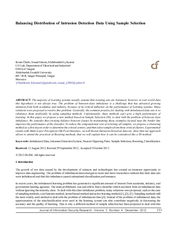 (PDF) Balancing Distribution of Intrusion Detection Data Using Sample Selection