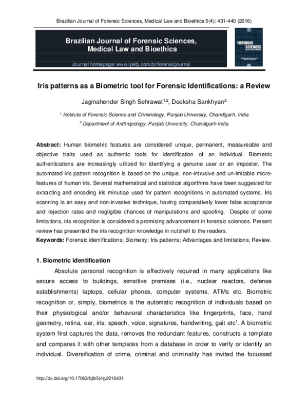 (PDF) Iris Patterns As A Biometric Tool For Forensic Identifications: A Review