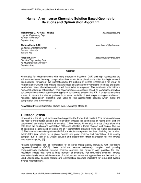 Pdf Human Arm Inverse Kinematic Solution Based Geometric Relations And Optimization Algorithm