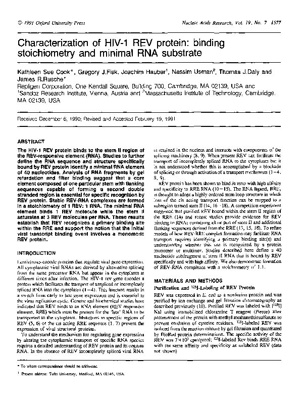 (PDF) Characterization of HIV-1 REV protein: binding stoichiometry and ...