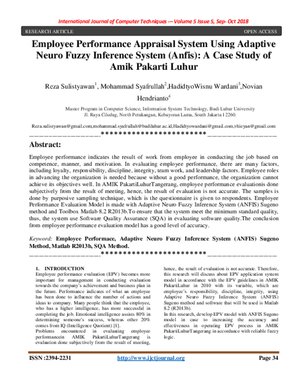 Pdf Employee Performance Appraisal System Using Adaptive Neuro Fuzzy Inference System Anfis