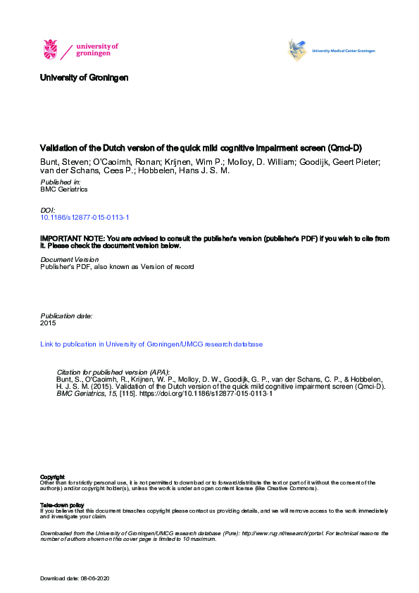 (PDF) Validation of the Dutch version of the quick mild cognitive ...