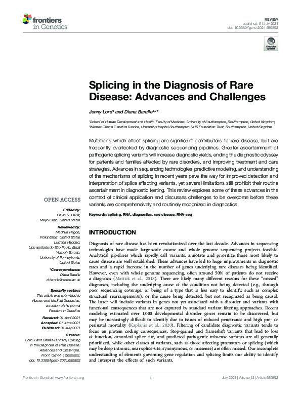 (PDF) Splicing in the Diagnosis of Rare Disease: Advances and Challenges