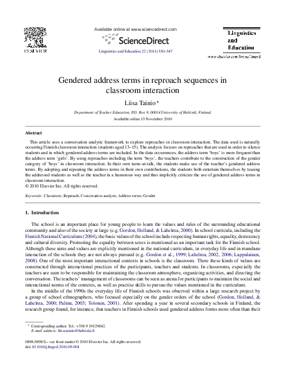 (PDF) Gendered address terms in reproach sequences in classroom interaction