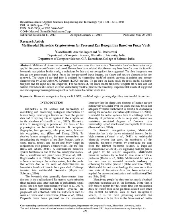 (PDF) Research Article Multimodal Biometric Cryptosystem for Face and ...