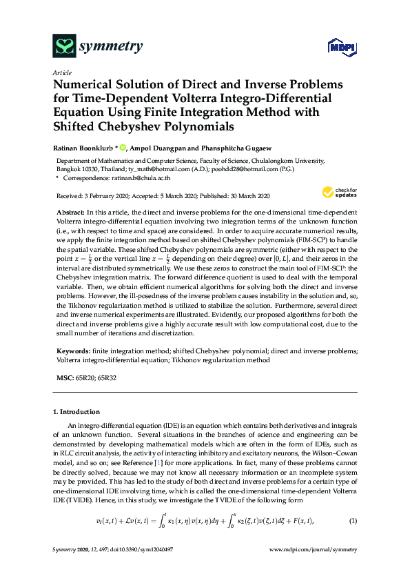 (PDF) Numerical Solution of Direct and Inverse Problems for Time-Dependent Volterra Integro ...