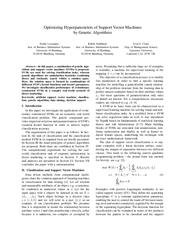(PDF) Optimizing hyperparameters of support vector machines by genetic ...