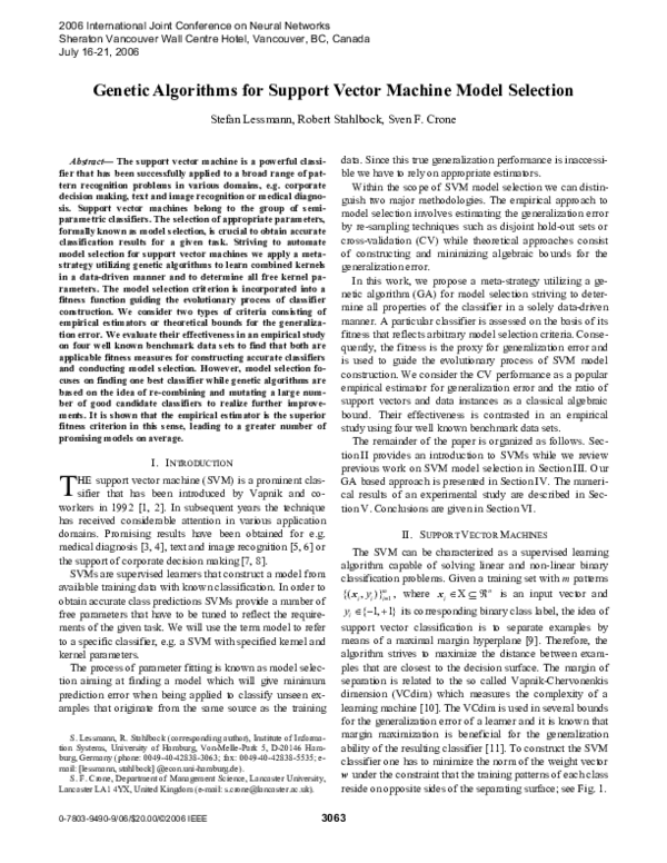 (PDF) Genetic Algorithms for Support Vector Machine Model Selection