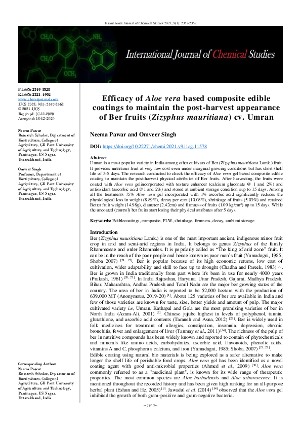 (PDF) Efficacy of Aloe vera based composite edible coatings to maintain ...