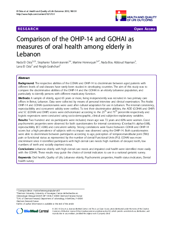 (PDF) Comparison of the OHIP-14 and GOHAI as measures of oral health among elderly in Lebanon