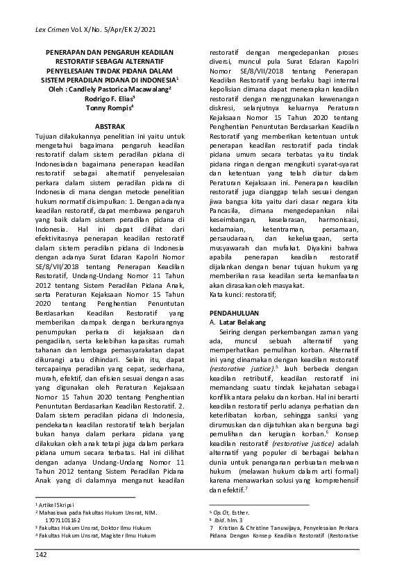 (PDF) Penerapan Dan Pengaruh Keadilan Restoratif Sebagai Alternatif Penyelesaian Tindak Pidana ...
