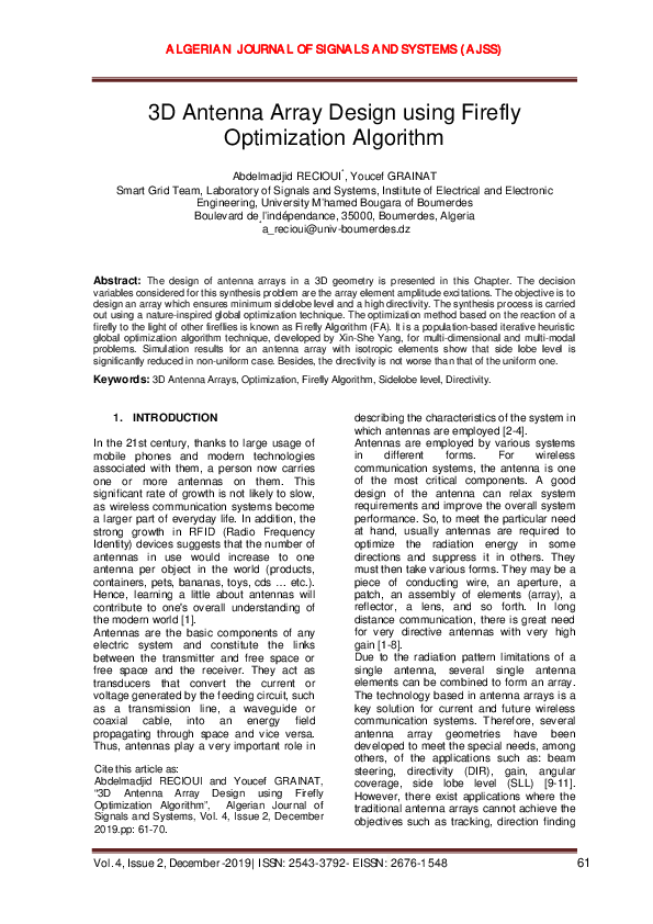 (PDF) 3D Antenna Array Design using Firefly Optimization Algorithm