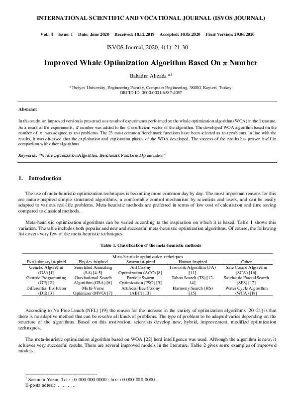 (PDF) Improved Whale Optimization Algorithm Based On π Number