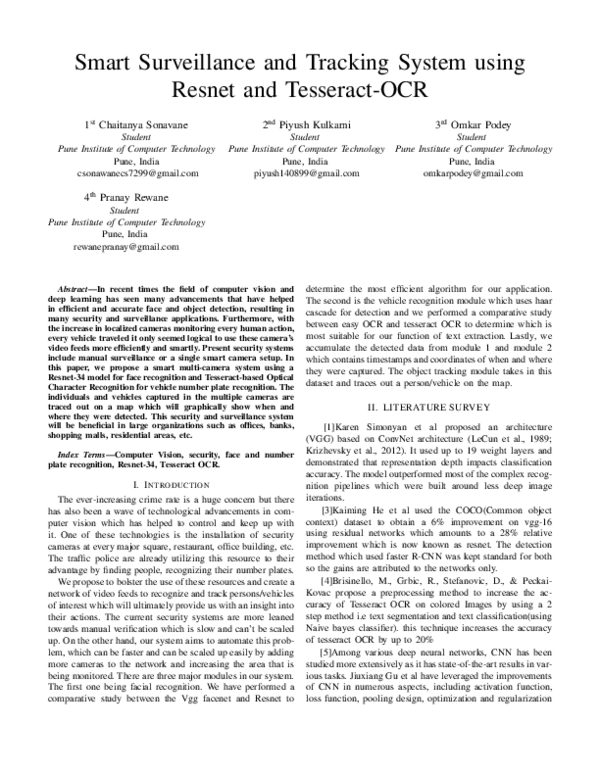 (PDF) Smart Surveillance and Tracking System using Resnet and Tesseract-OCR