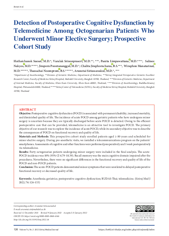(PDF) Detection of Postoperative Cognitive Dysfunction by Telemedicine ...