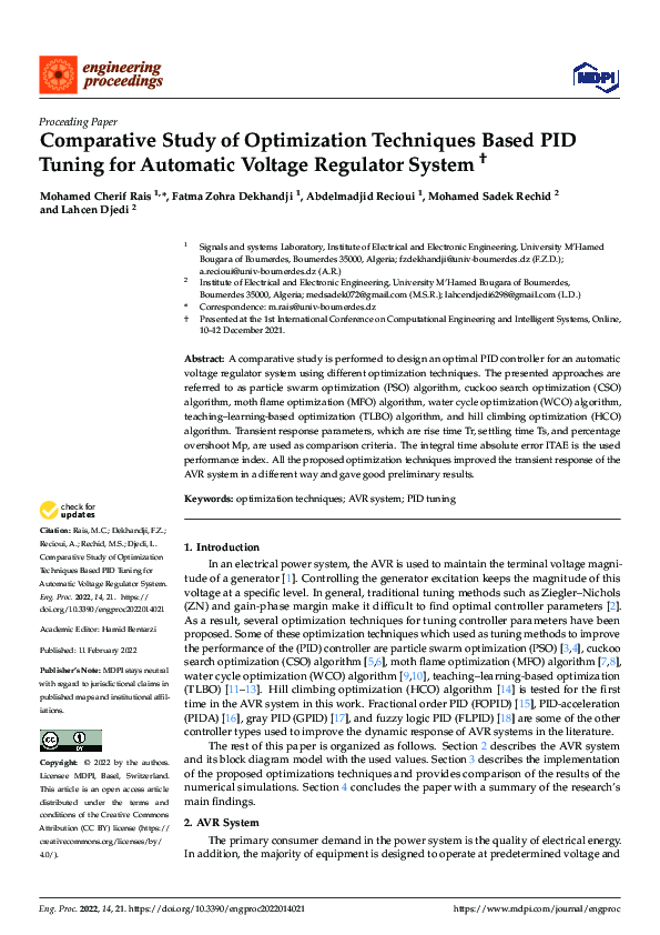 (PDF) Comparative Study of Optimization Techniques Based PID Tuning for Automatic Voltage ...