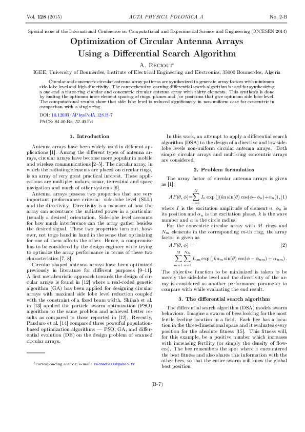 Pdf Optimization Of Circular Antenna Arrays Using A Differential Search Algorithm