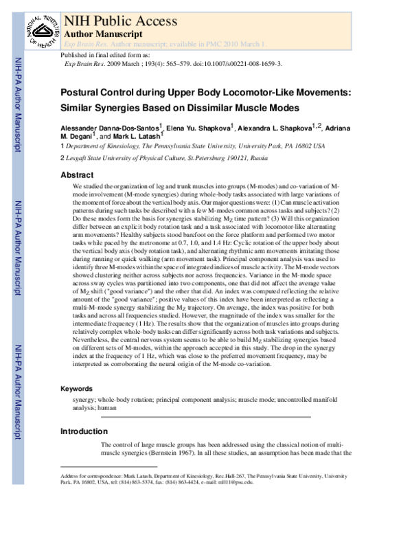 (PDF) Postural control during upper body locomotor-like movements: similar synergies based on ...