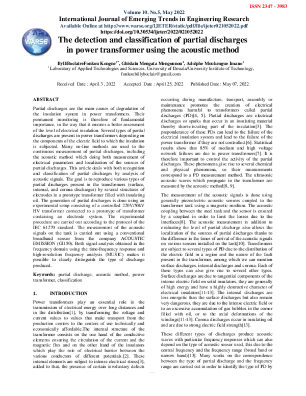 (PDF) The detection and classification of partial discharges in power transformer using the ...