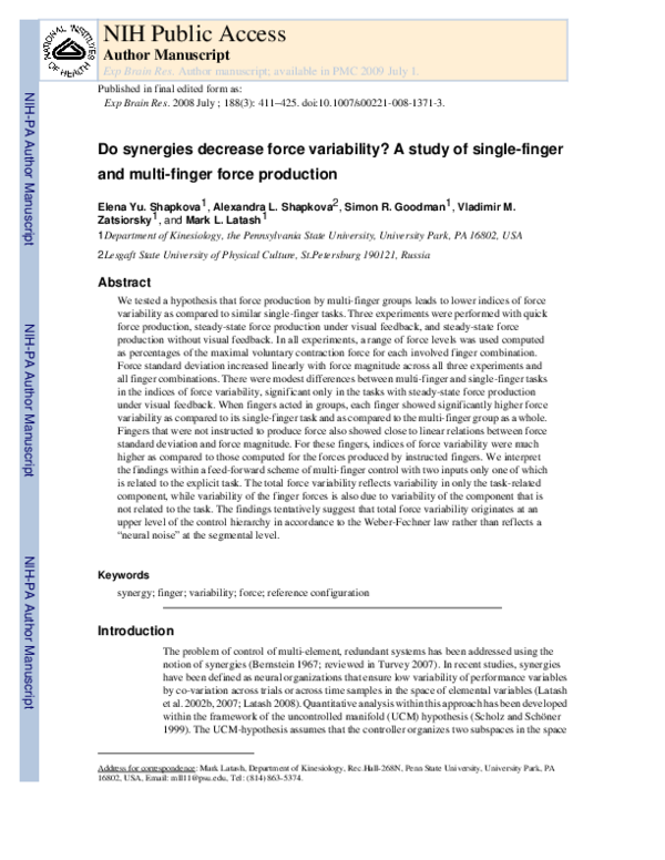 (PDF) Do synergies decrease force variability? A study of single-finger ...