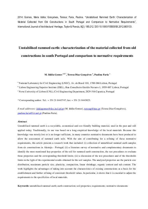 (PDF) Unstabilized Rammed Earth: Characterization of Material Collected ...