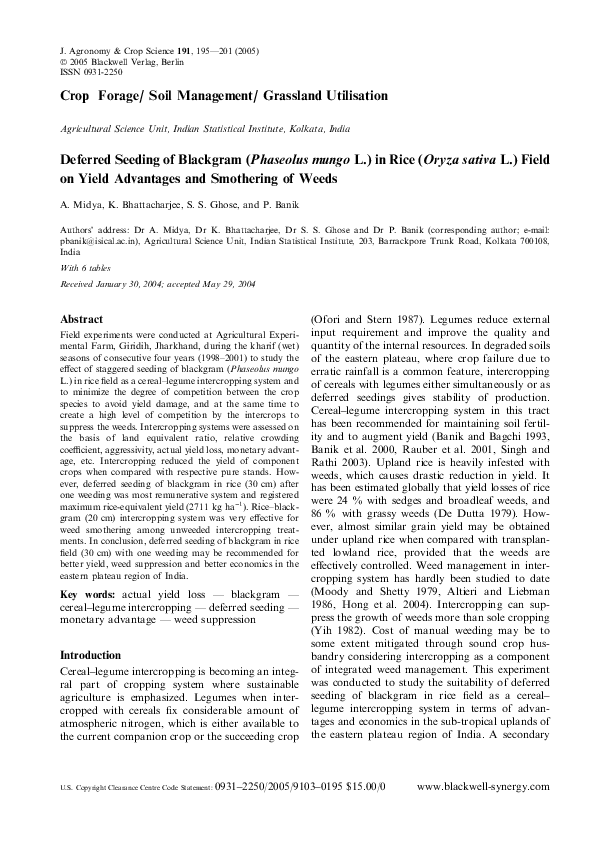 (PDF) Deferred Seeding of Blackgram (Phaseolus mungo L.) in Rice (Oryza ...