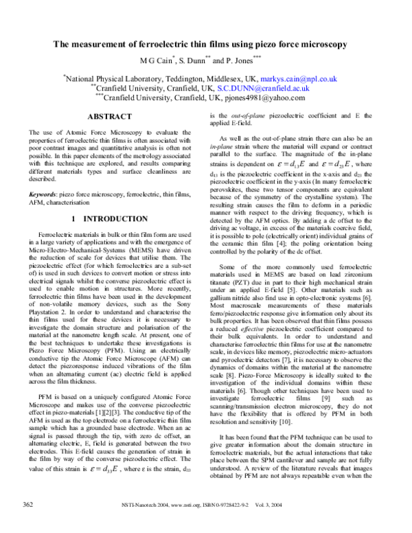 (PDF) The measurement of ferroelectric thin films using piezo force ...