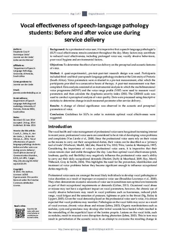 (PDF) Vocal effectiveness of speech-language pathology students: Before ...