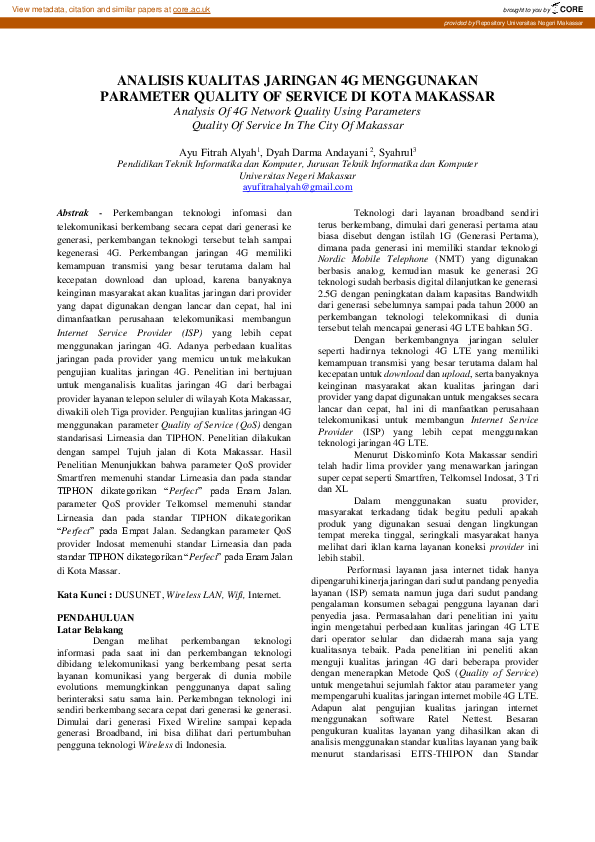 (PDF) ANALISIS KUALITAS JARINGAN 4G MENGGUNAKAN PARAMETER QUALITY OF ...