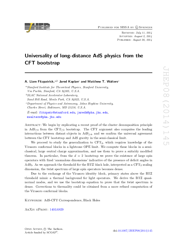 (PDF) Universality of long-distance AdS physics from the CFT bootstrap