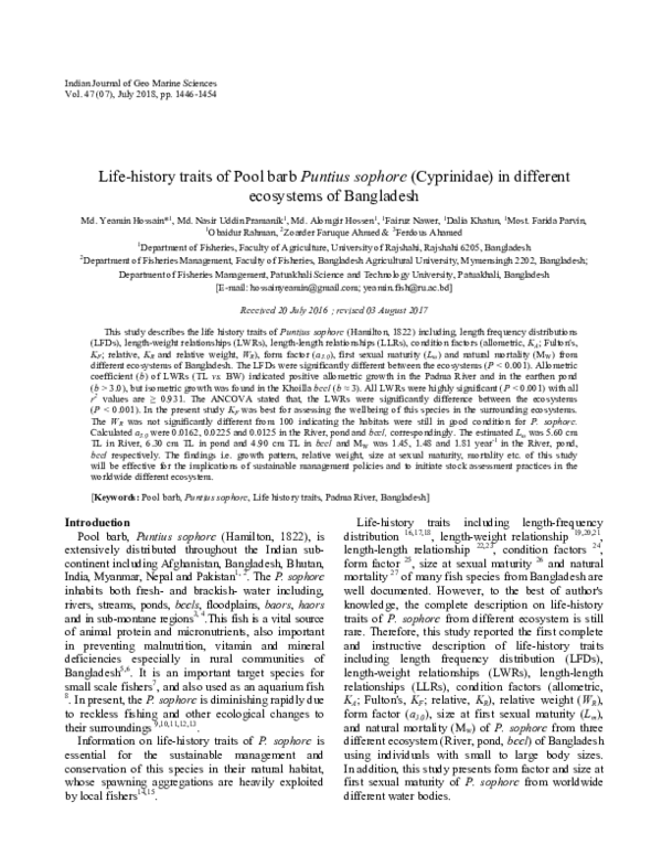 (PDF) Life-history traits of Pool barb Puntius sophore (Cyprinidae) in ...