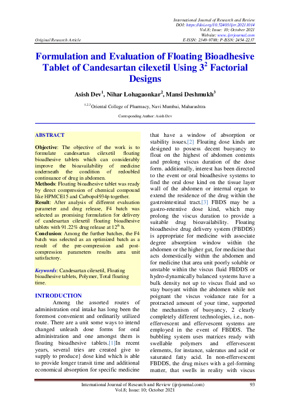 (PDF) Formulation and Evaluation of Floating Bioadhesive Tablet of ...