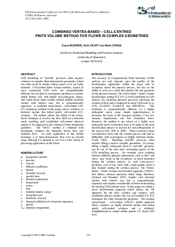(PDF) Combined Vertex-Based-Cell-Centred Finite Volume Method for Flows In Complex Geometries