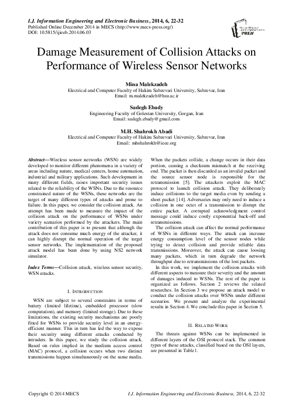 (PDF) Damage Measurement of Collision Attacks on Performance of Wireless Sensor Networks