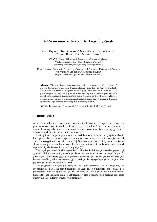 (PDF) A recommender system for learning goals