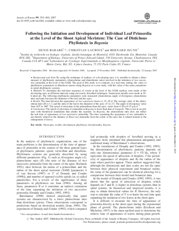 (PDF) Following the initiation and development of individual leaf primordia at the level of the ...